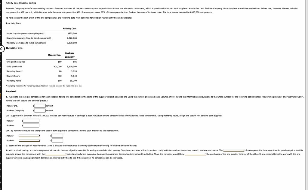 SOLVED: Activity-Based Supplier Costing To help assess the cost effect ...