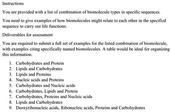 Instructions You are provided with a list of combination of biomolecule ...