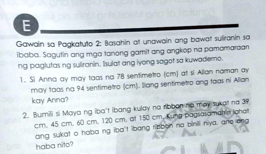 SOLVED: EGawain sa Pagkatuto 2: Basahin at unawain ang bawat suliranin ...