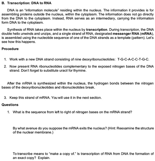SOLVED: Transcription: DNA to RNA DNA inforation molecule" residing ...