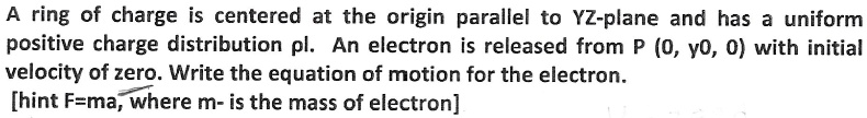 SOLVED: A ring of charge is centered at the origin parallel to the Yz ...