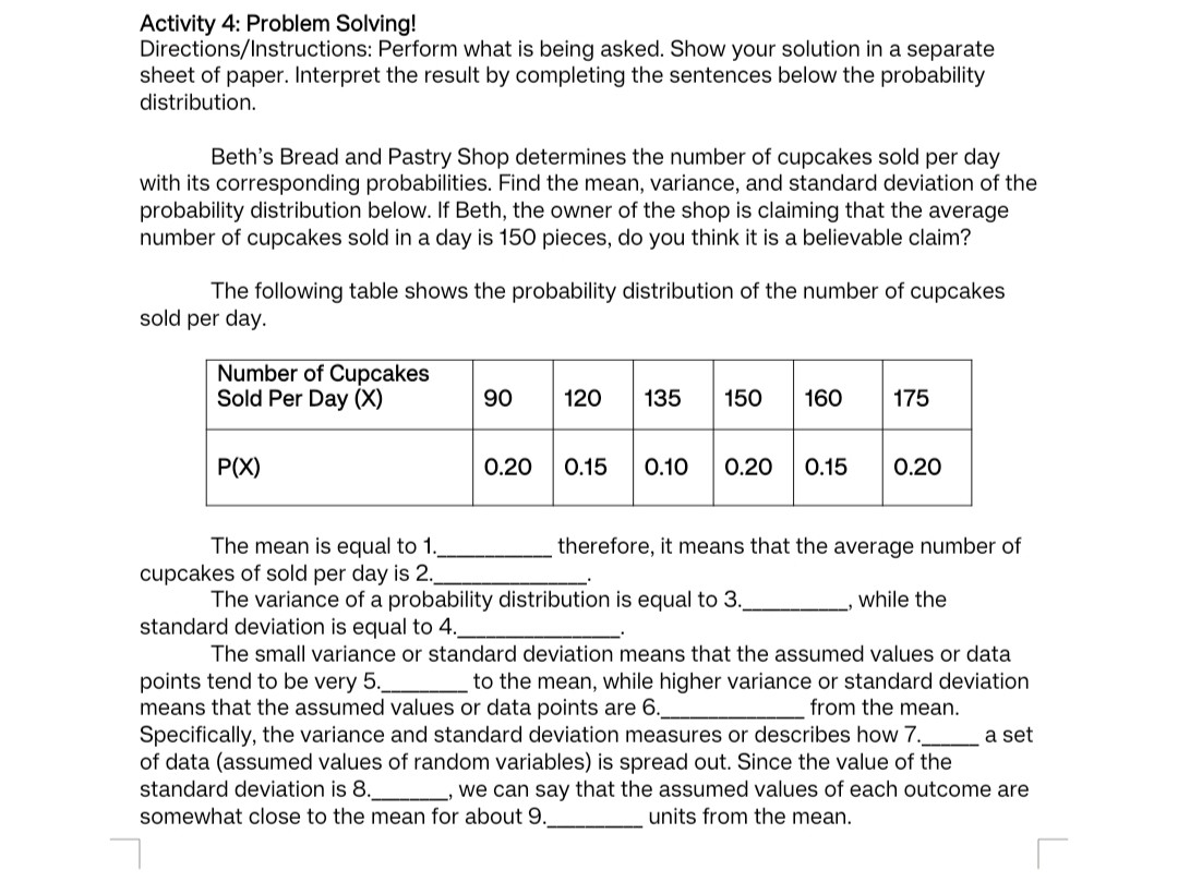 Activity 4: Problem Solving! Directions/Instructions: Perform what is ...