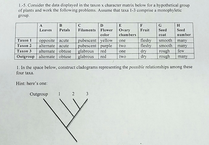 SOLVED: Consider the data displayed in the taxon character matrix below for a hypothetical group ...