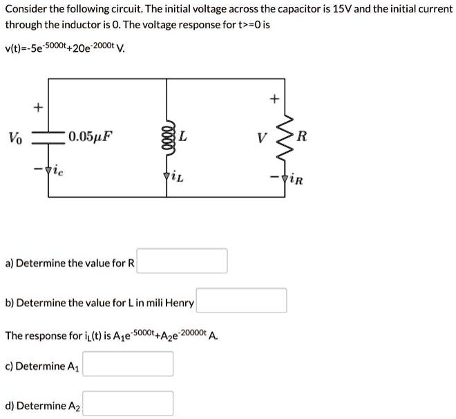 Consider the following circuit. The initial voltage across the capacitor is 15V and the initial ...