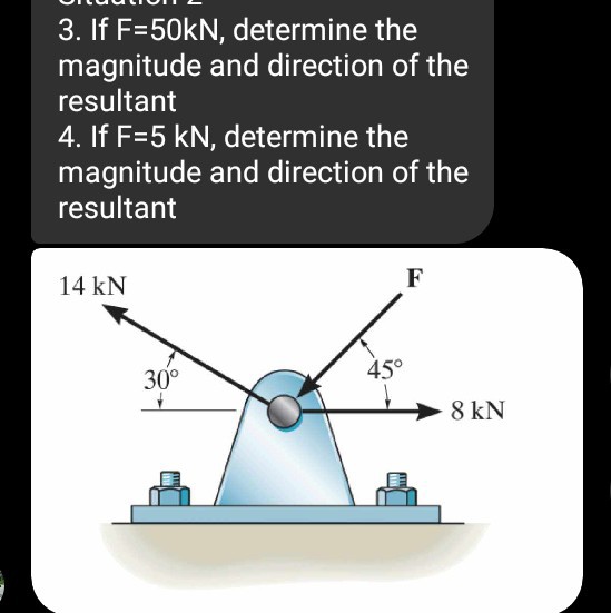[GET ANSWER] 3. If F=50 kN, determine the magnitude and direction of the resultant 4. If F=5 kN ...