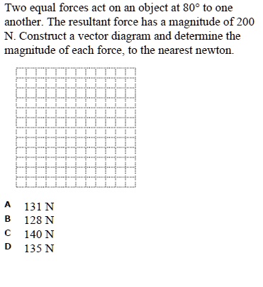 Two equal forces act on an object at 80° to one another. The resultant ...