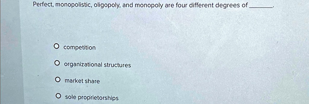 SOLVED: Perfect, monopolistic, oligopoly, and monopoly are four ...