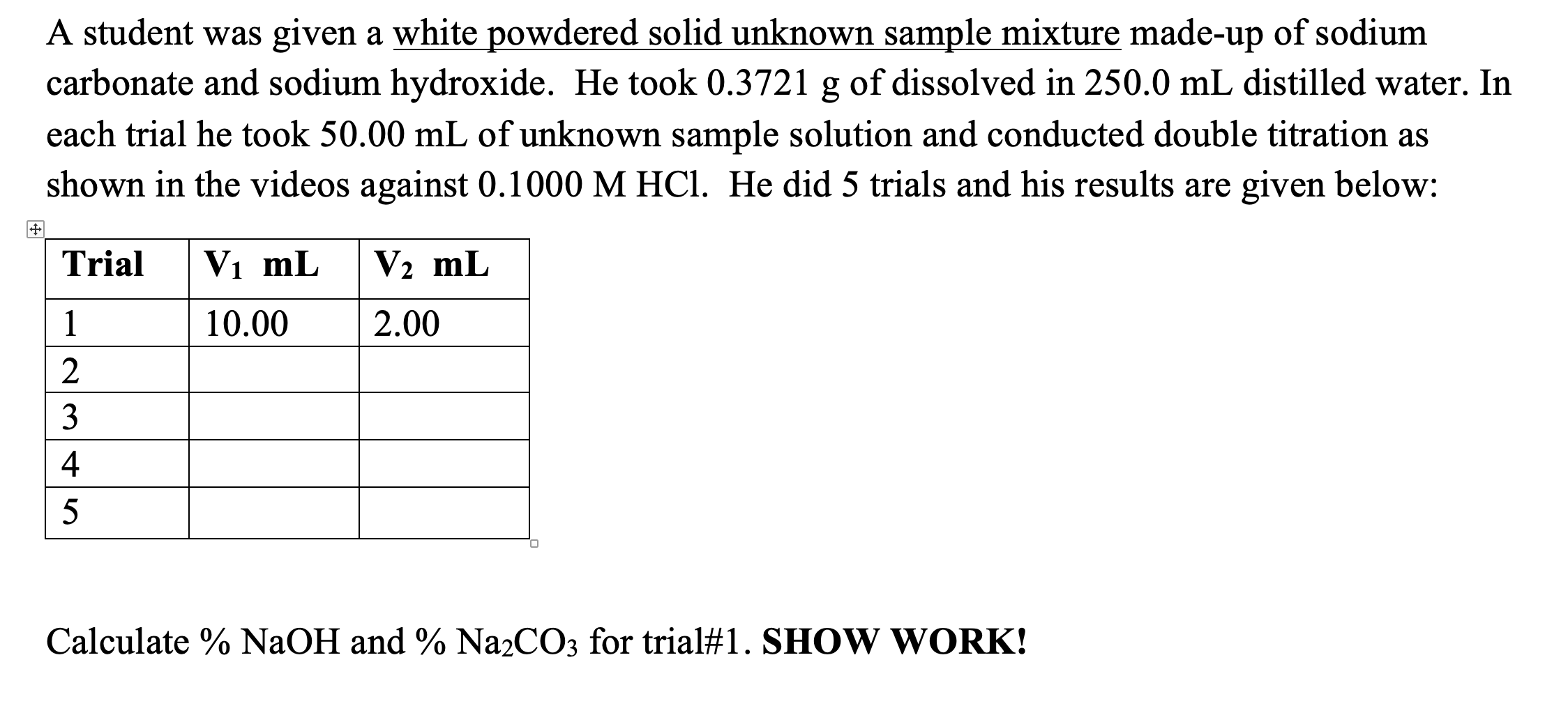 SOLVED: A student was given a white powdered solid unknown sample mixture made-up of sodium ...