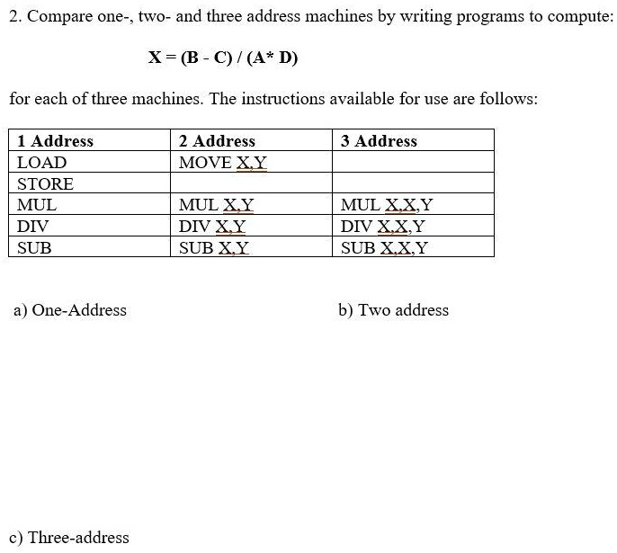 SOLVED: 2. Compare one-, two-, and three-address machines by writing ...