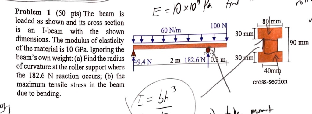 problem 1 50 pts the beam is loaded as shown and its cross section is an i beam with the shown ...