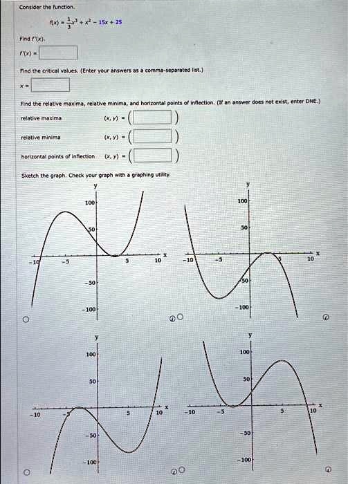 SOLVED: Texts: Consider the function: f(x) = -15x + 25 Find x when f(x) = 0. Find the critical ...