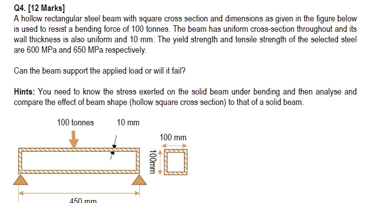 Q4. [12 Marks] A hollow rectangular steel beam with square cross ...
