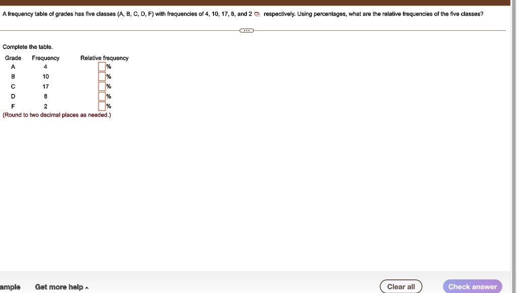 SOLVED: A frequency table of grades has five classes A,B,C,D,F) with frequencies of 4,10,17,8 ...