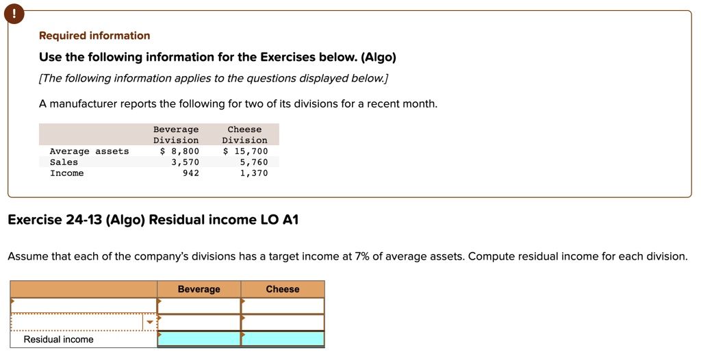 SOLVED: Required information Use the following information for the Exercises below.(Algo) [The ...