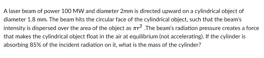 SOLVED: A laser beam of power 100 MW and diameter 2mm is directed ...