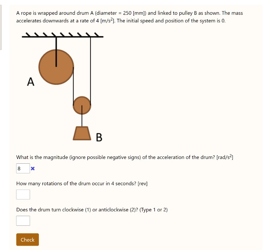 a rope is wrapped around drum a diameter 250 mm and linked to pulley b ...