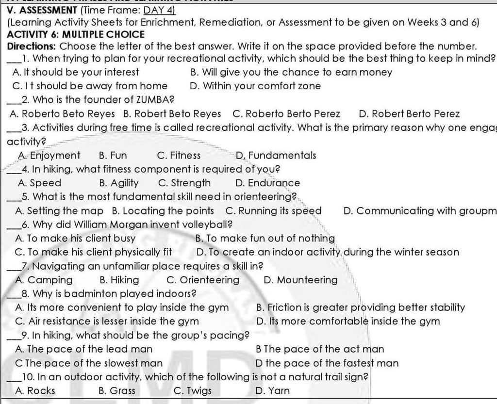SOLVED: ACTIVITY 6: MULTIPLE CHOICE V ASSESSMENT (Time Frame: DAY 4 ...