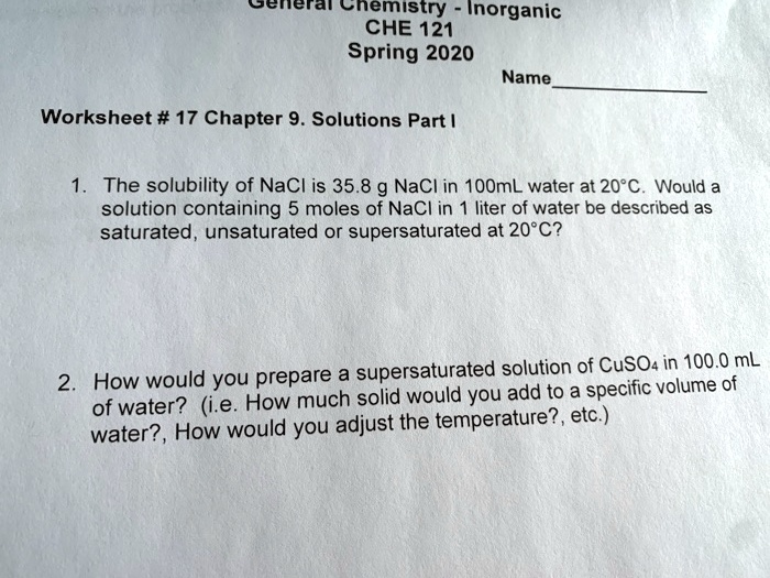 SOLVED: General Chemistry Inorganic CHE 121 Spring 2020 Name: Worksheet ...