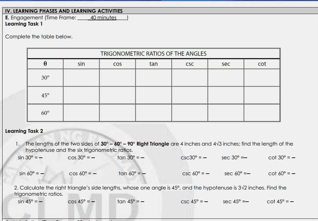 IV. LEARNING PHASES AND LEARNING ACTIVITIES E. Engagement (Time Frame ...