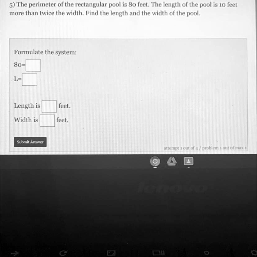 SOLVED: The perimeter of the rectangular pool is 80 feet. The length of ...