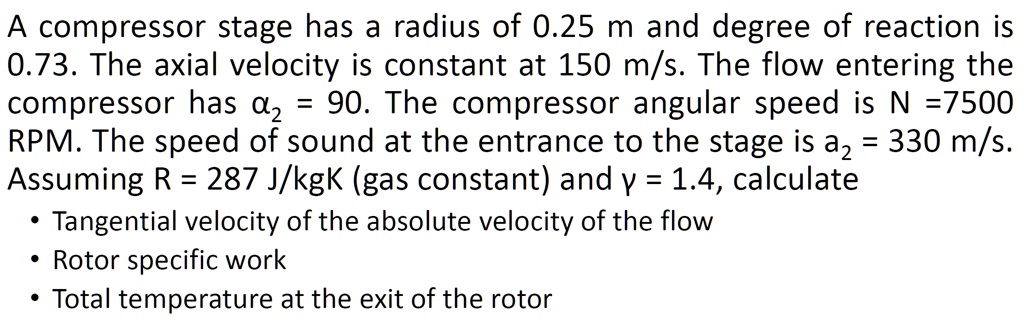 SOLVED: A compressor stage has a radius of 0.25 m and a degree of ...