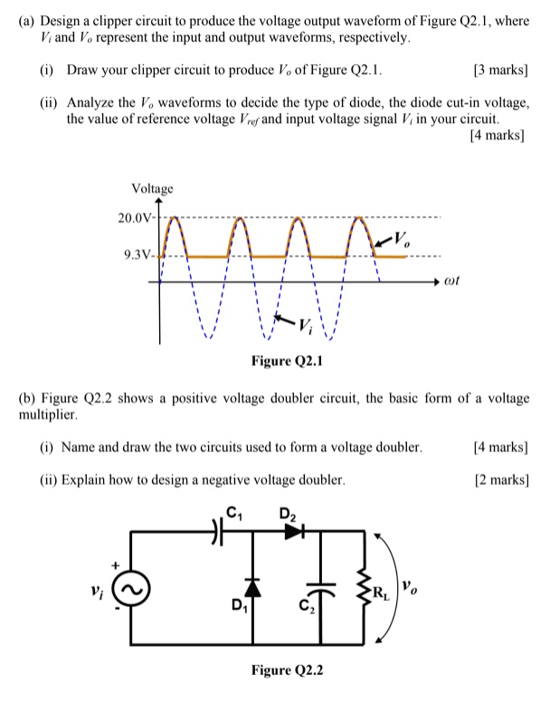 Design a clipper circuit to produce the voltage output waveform of Figure Q2.1, where Vi and Vo ...