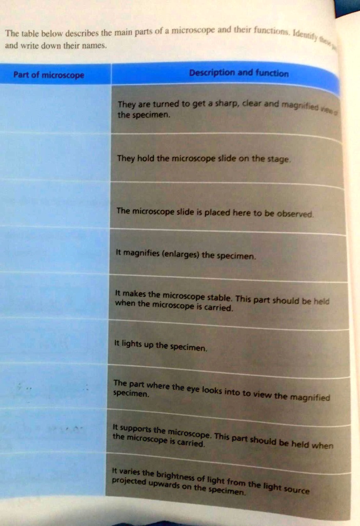 The table below describes the main parts of a microscope and their ...