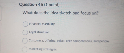 Question 45 (1 point) What does the idea sketch pad focus on? Financial ...