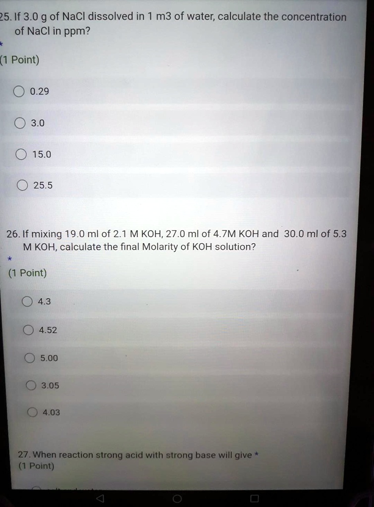 SOLVED: 25. If 3.0 g of NaCl is dissolved in 1 m^3 of water, calculate the concentration of NaCl ...