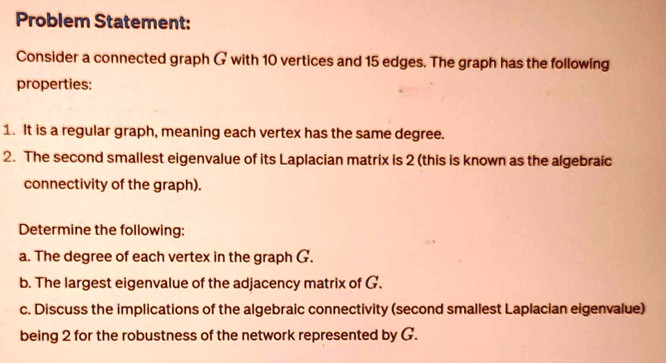 SOLVED: Problem Statement: Consider a connected graph G with 10 vertices and 15 edges. The graph ...