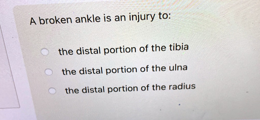 A broken ankle is an injury to: the distal portion of the tibia the ...