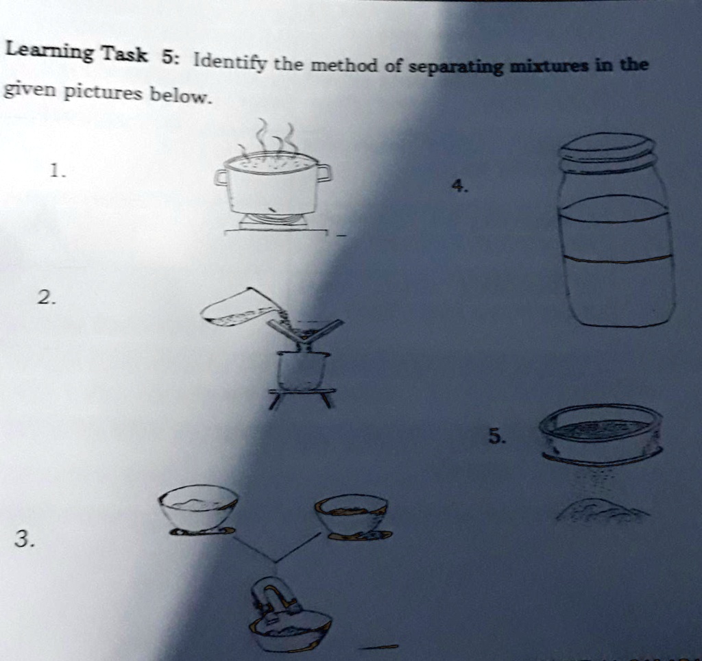 SOLVED: 'Learning Task 5: Identify the method of separating mixtures in thegiven pictures below ...