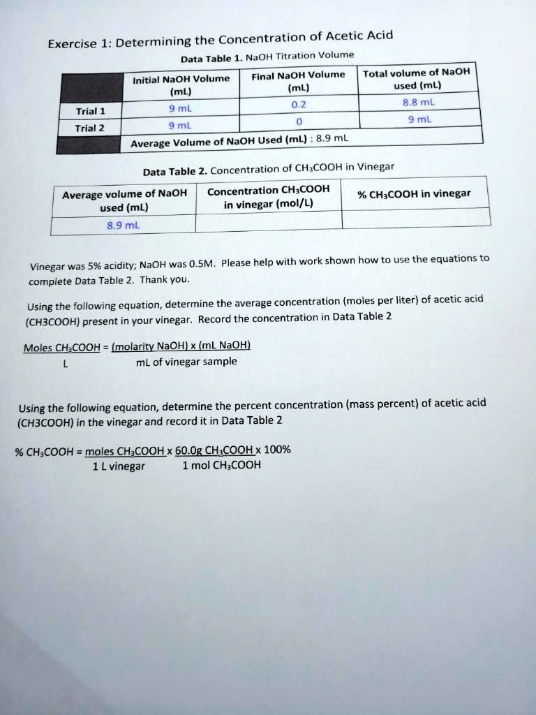 SOLVED: Exercise 1: Determining the Concentration of Acetic Acid Data Table 1: NaOH Titration ...