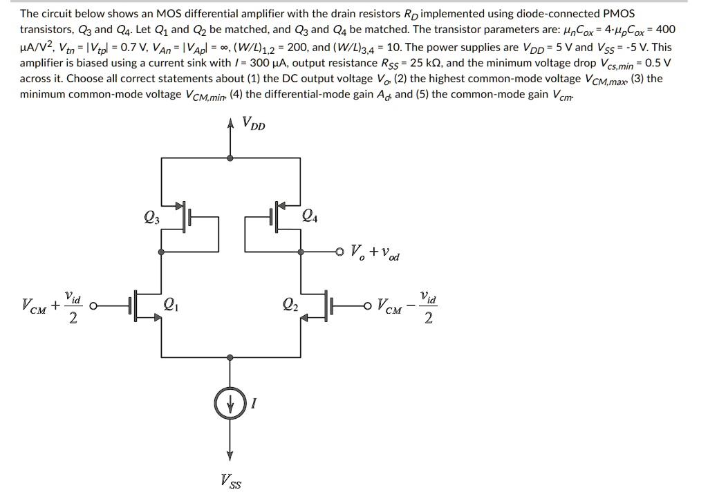 SOLVED: The circuit below shows an MOS differential amplifier with the drain resistors Rp ...