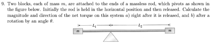 9 two blocks each of mass m are attached to the ends of a massless rod which pivots as shown in ...