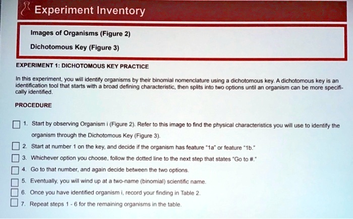SOLVED: Experiment Inventory Images of Organisms (Figure Dichotomous Key (Figure 3) EXPERIMENT ...