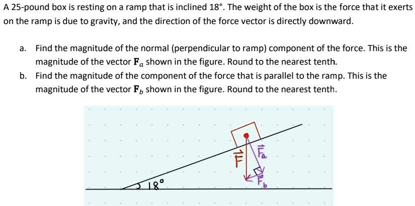 SOLVED: A 25-pound box is resting on a ramp that is inclined 189 The ...
