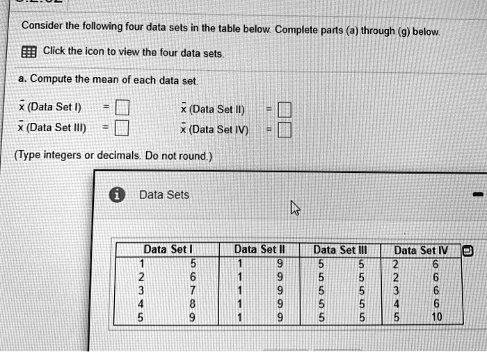 SOLVED: Consider the following four data sets in the table below ...