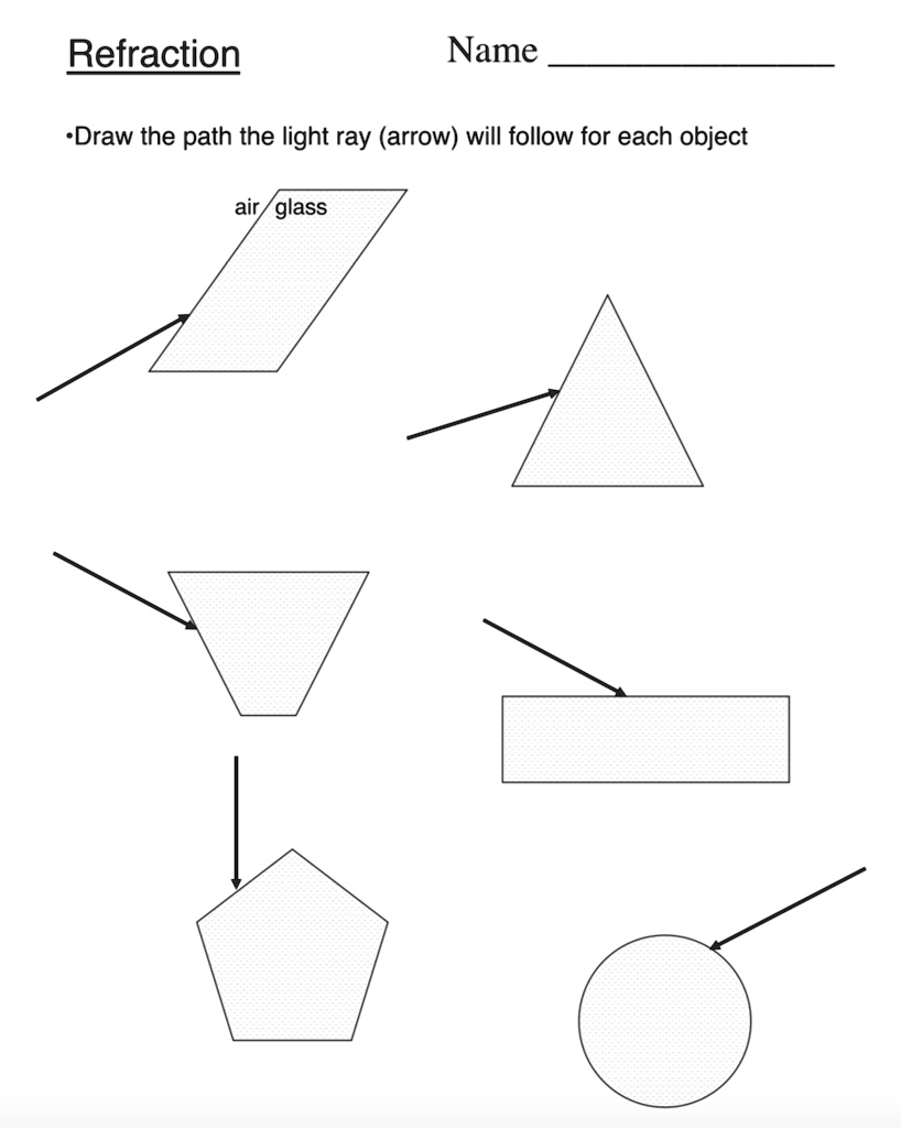 Refraction Name •Draw the path the light ray (arrow) will follow for ...