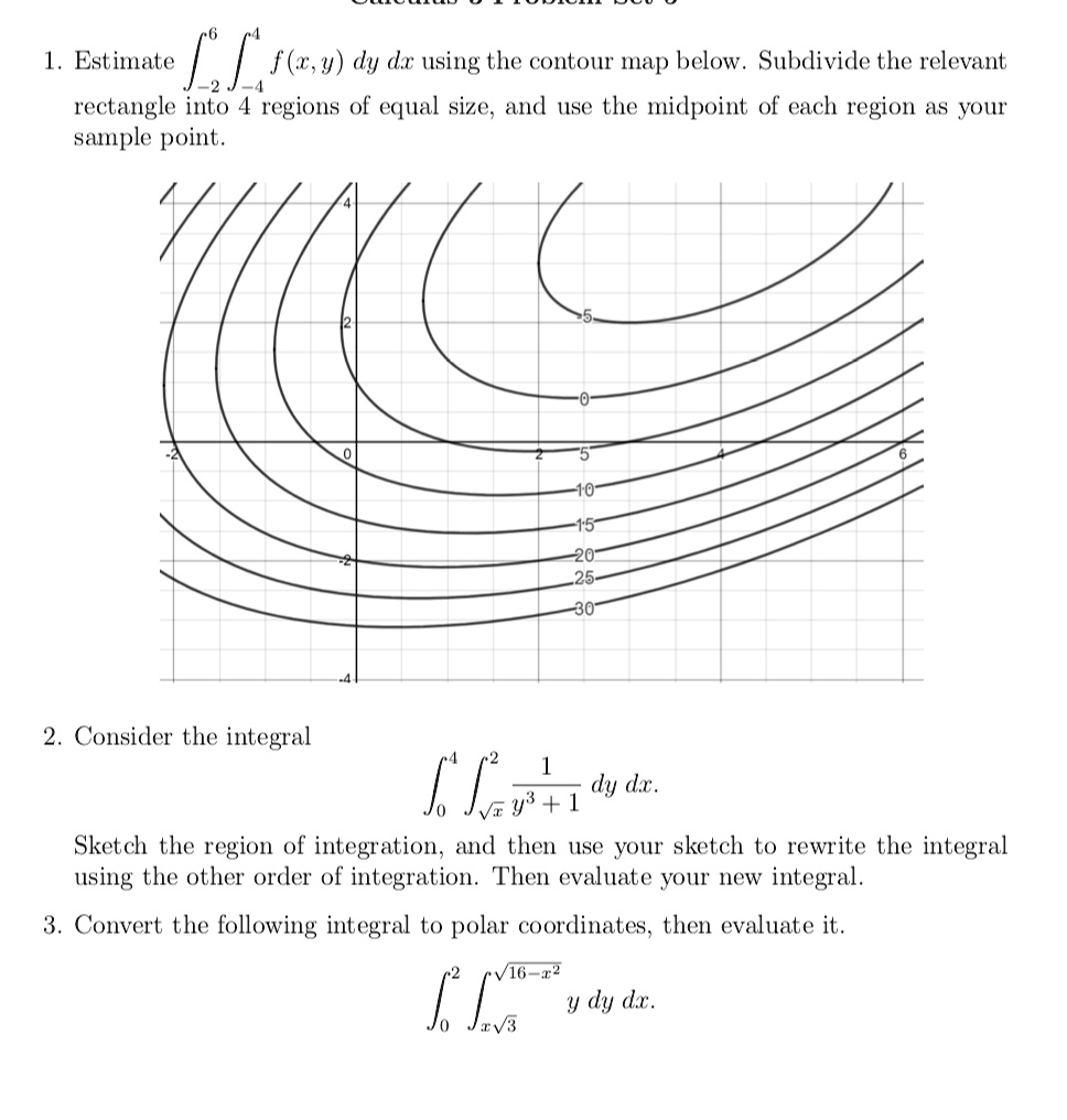 1. Estimate ∫-2^6∫-4^4 f(x, y) dy dx using the contour map below ...