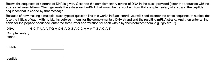 below the sequence of strand of dna given generate the complementary strand of dna in the blank ...