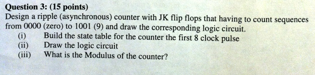 SOLVED: Question 3:(15 points) Design a ripple (asynchronous) counter with JK flip flops that ...