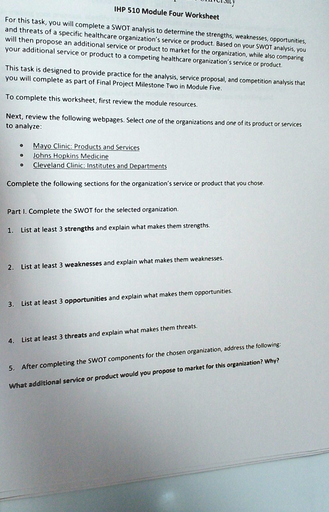 SOLVED: SWOT Analysis IHP 510 Module Four Worksheet For this task, you ...
