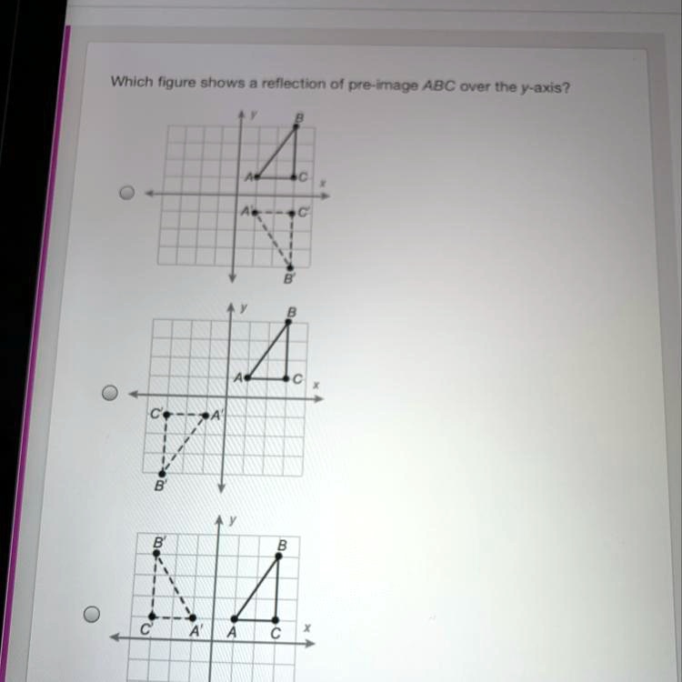SOLVED: Which figure shows a reflection of pre-image ABC over the y ... SOLVED: Which figure shows a reflection of pre-image ABC over the y ...