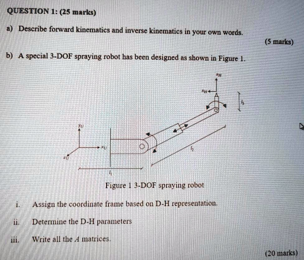 QUESTION 1: (25 marks) a) Describe forward kinematics and inverse kinematics in your own words ...
