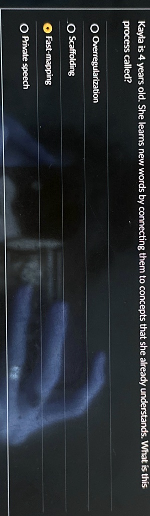 Kayla is 4 years old. She learns new words by connecting them to ...