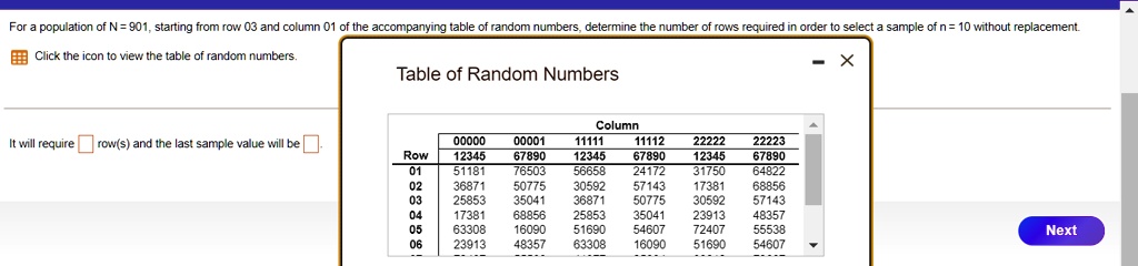 For a population of N = 901, starting from row 03 and column 01 of the ...