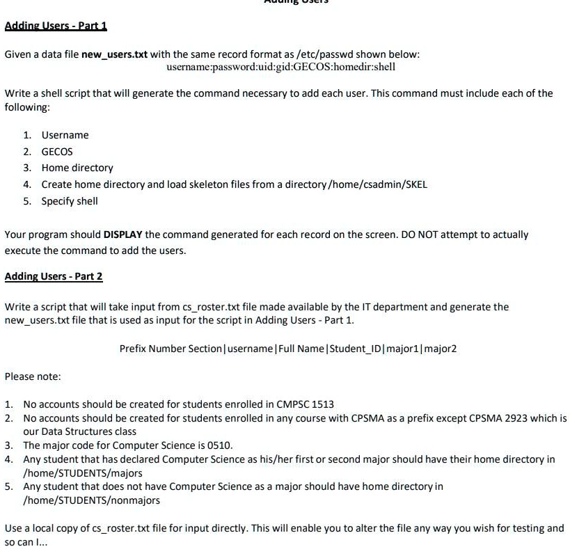 Solved Text Unix Adding Users Part 1 Given A Data File Newuserstxt With The Same Record