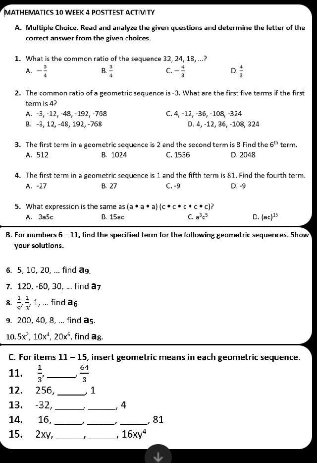 pasagot nga po please kelangan lang mathematics 10 week posttest ...