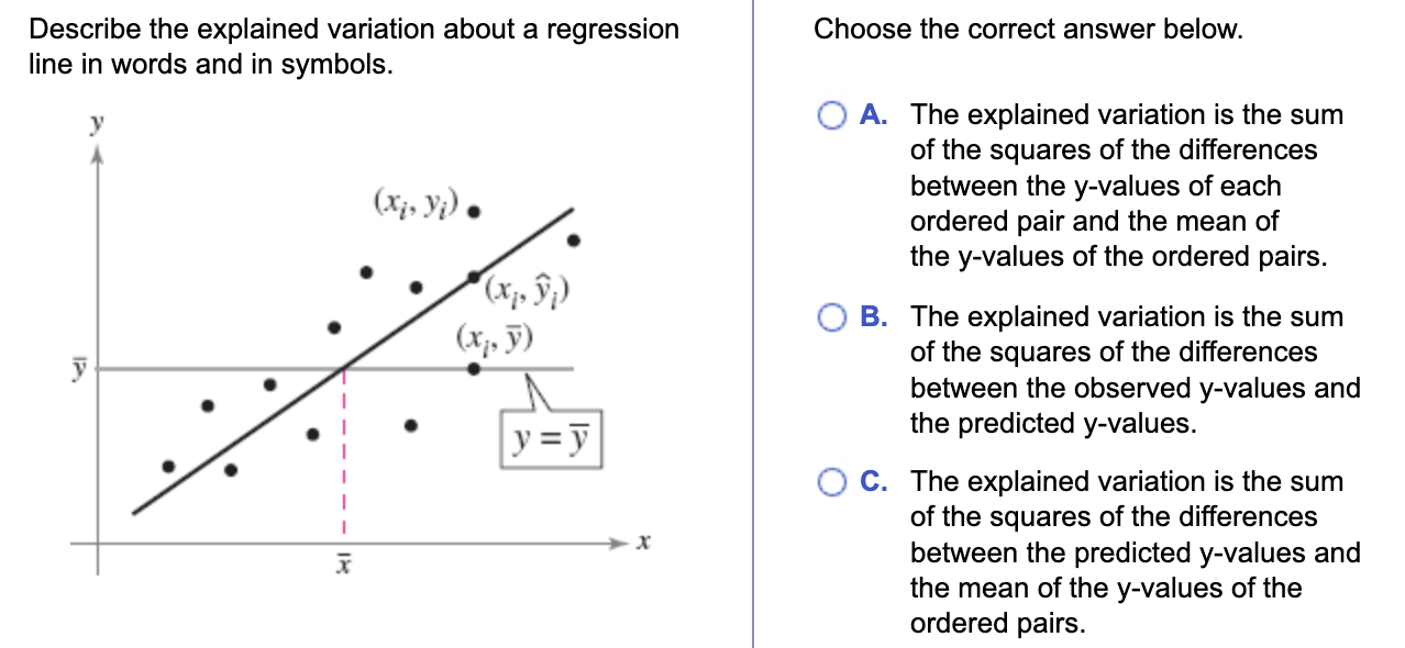 Describe the explained variation about a regression line in words and in symbols. Choose the ...